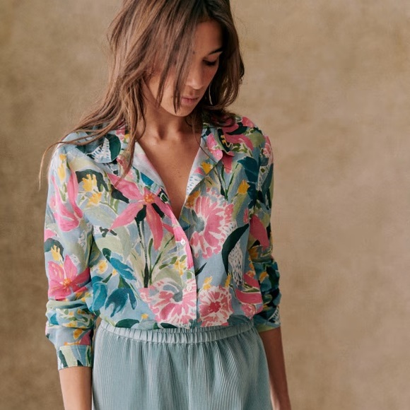 Sezane | Tops | Sezane Pierro Shirt In Salvadore Print Sz 34 Us 2 Blue Pink Green Floral | Poshmark